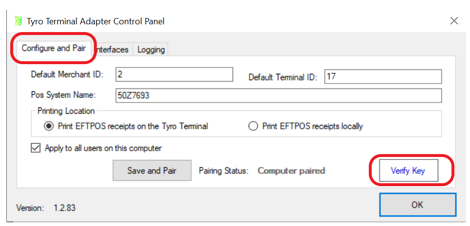 How do I verify the pairing key in the Tyro Terminal Adapter?