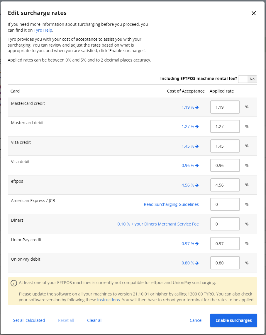 How can I enable surcharging?